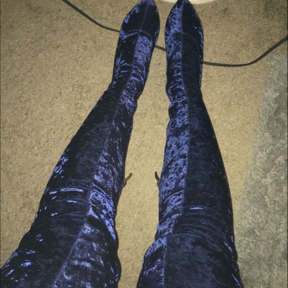 Shoes | Thigh High Crushed Blue Velvet Boots | Poshmark